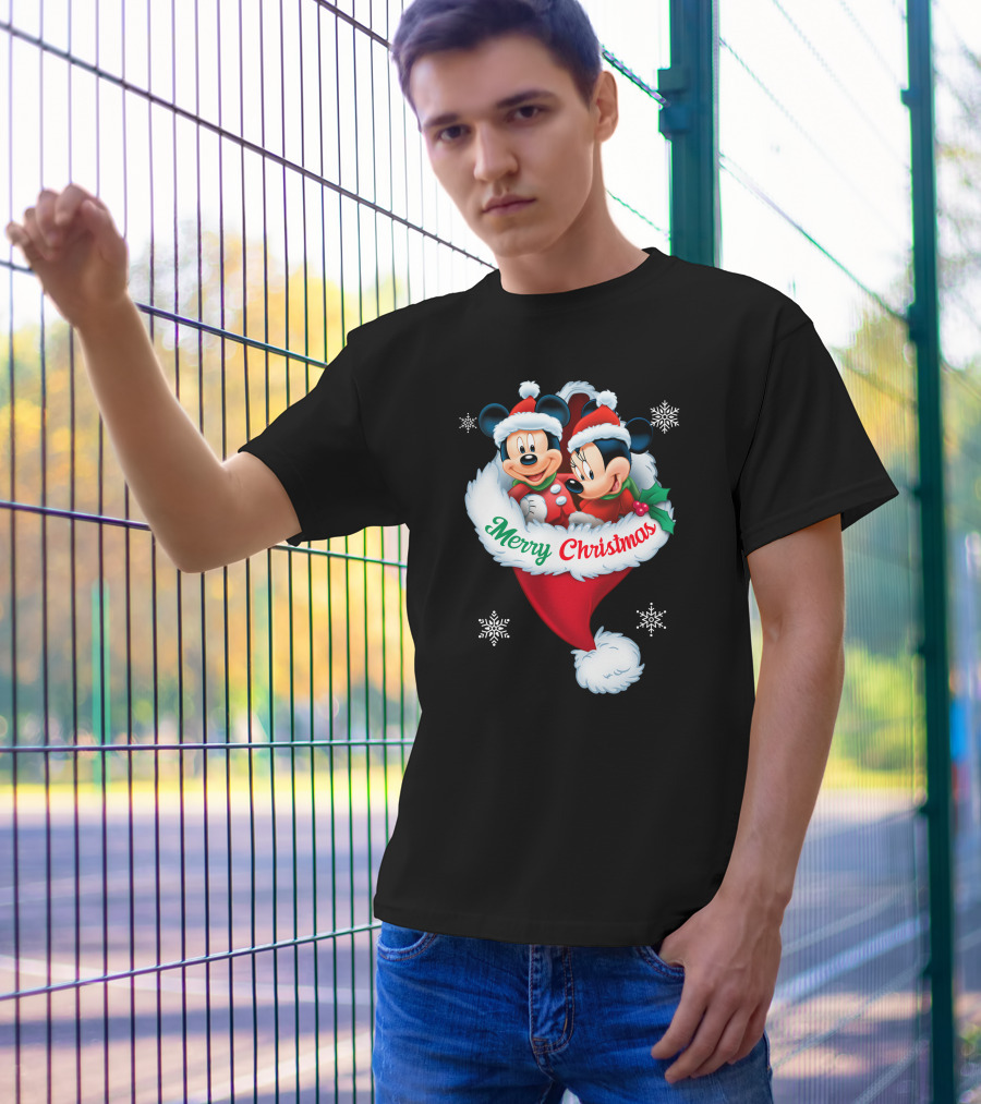 Merry Christmas Mickey Minnie Santa Hat Snowflakes T-Shirt