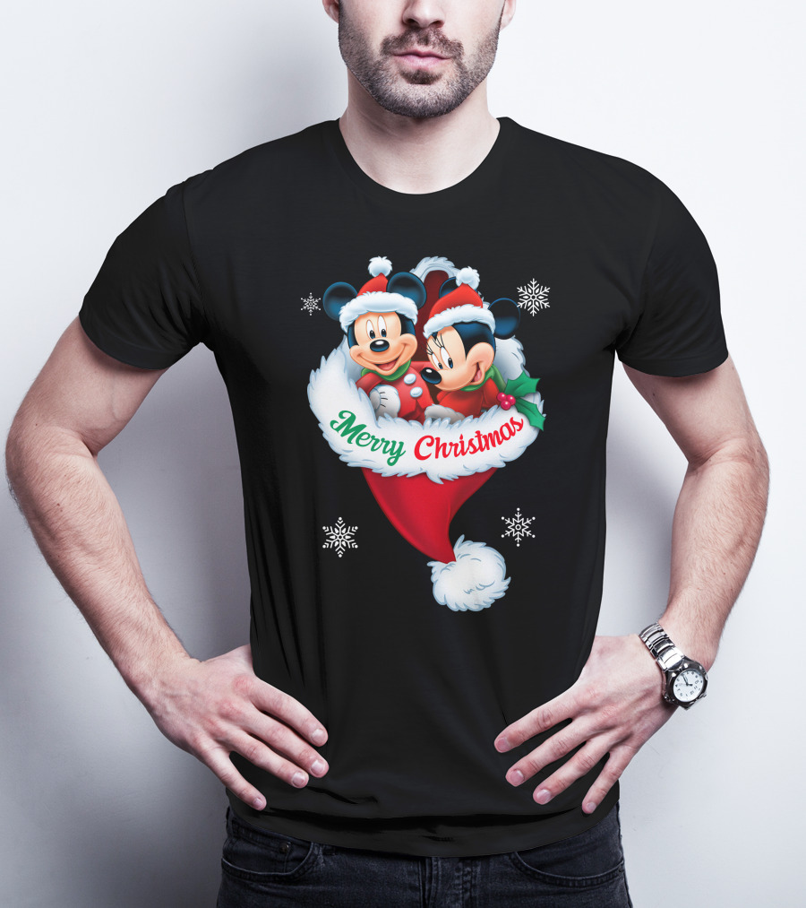 Merry Christmas Mickey Minnie Santa Hat Snowflakes T-Shirt
