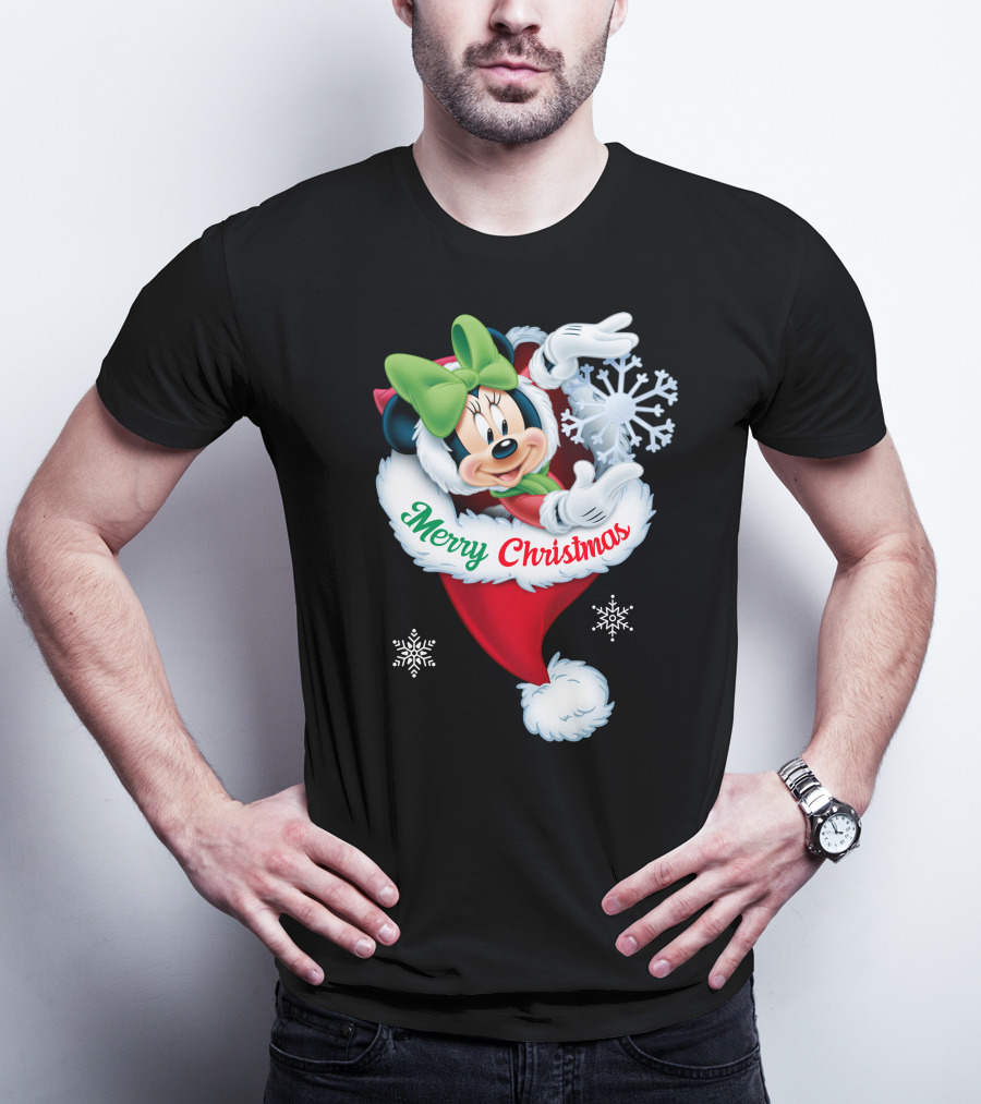 Minnie Mouse Merry Christmas Santa Hat Snowflakes T-Shirt