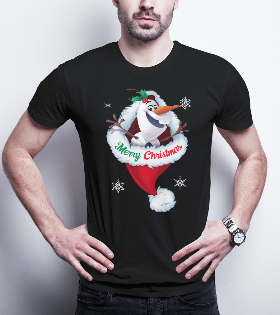 Olaf Merry Christmas Santa Hat With Snowflakes T-Shirt