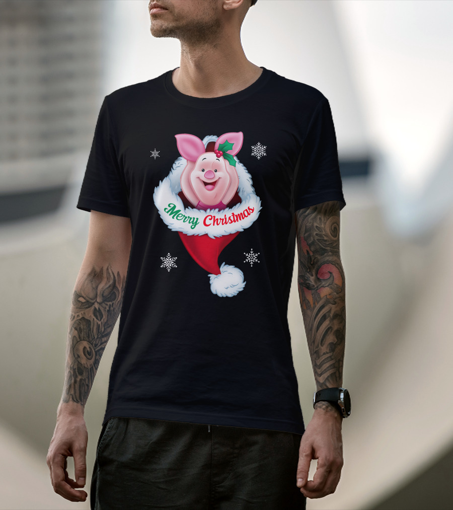 Piglet Merry Christmas Holiday Santa Hat Snowflakes T-Shirt