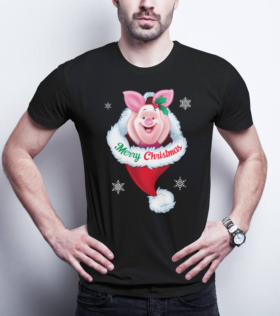 Piglet Merry Christmas Holiday Santa Hat Snowflakes T-Shirt
