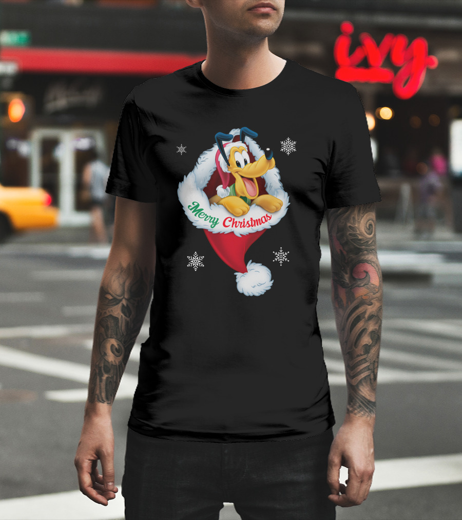 Merry Christmas Pluto Santa Hat Snowflakes T-Shirt