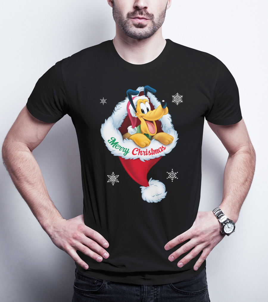 Merry Christmas Pluto Santa Hat Snowflakes T-Shirt