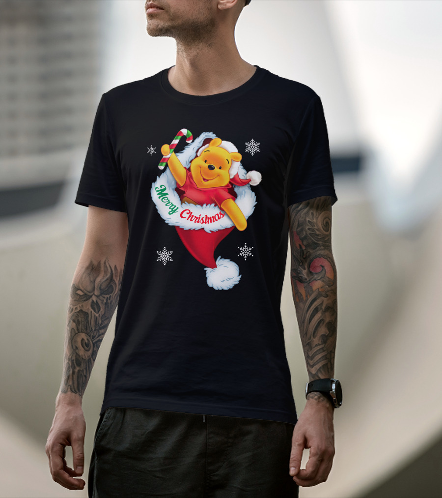 Winnie The Pooh Merry Christmas Santa Hat Candy Cane T-Shirt