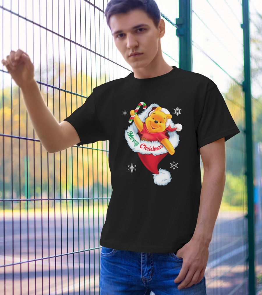 Winnie The Pooh Merry Christmas Santa Hat Candy Cane T-Shirt