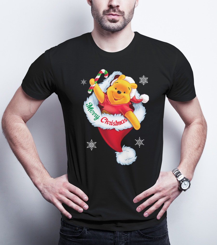 Winnie The Pooh Merry Christmas Santa Hat Candy Cane T-Shirt