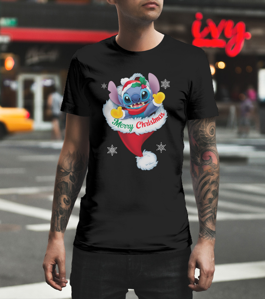 Merry Christmas Stitch Santa Hat Snowflakes T-Shirt