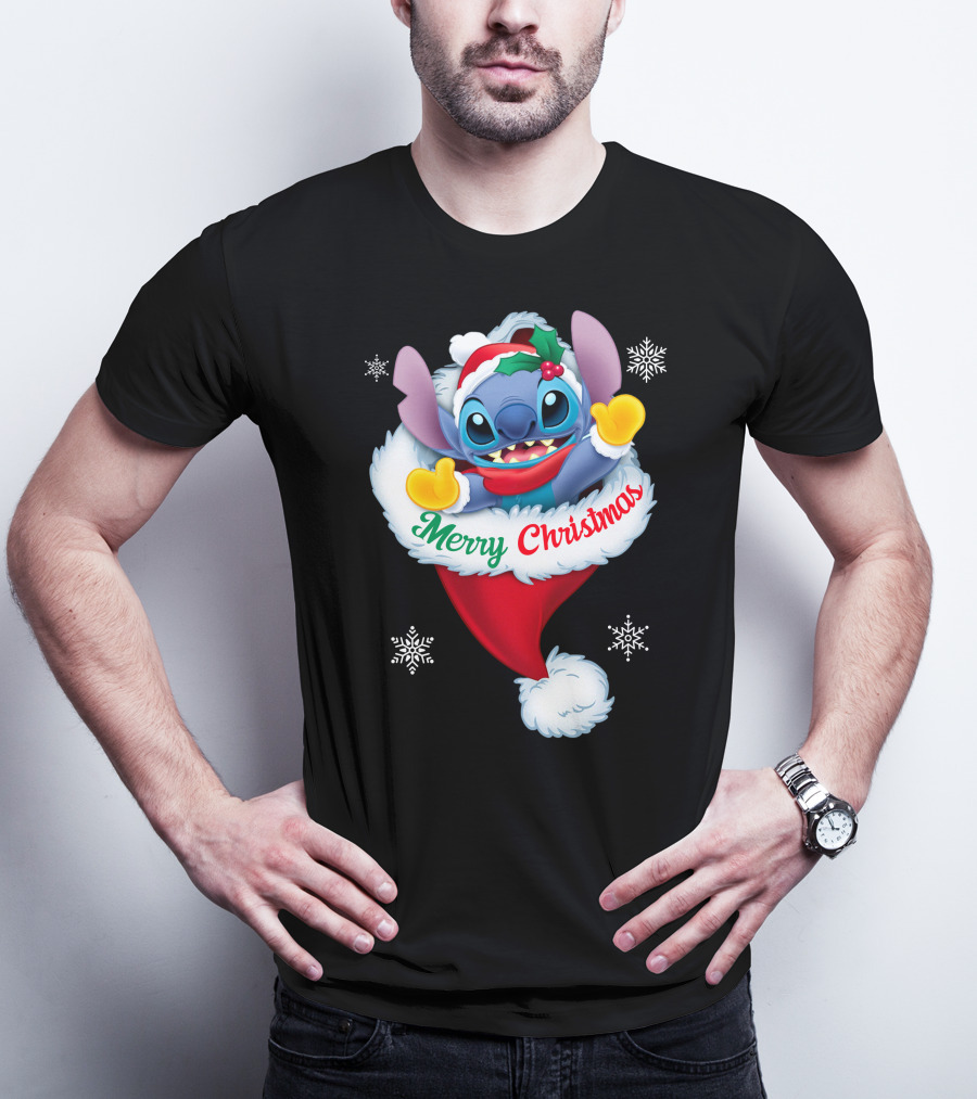 Merry Christmas Stitch Santa Hat Snowflakes T-Shirt
