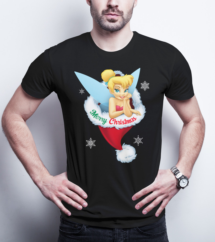 Tinkerbell Merry Christmas Santa Hat Snowflakes T-Shirt