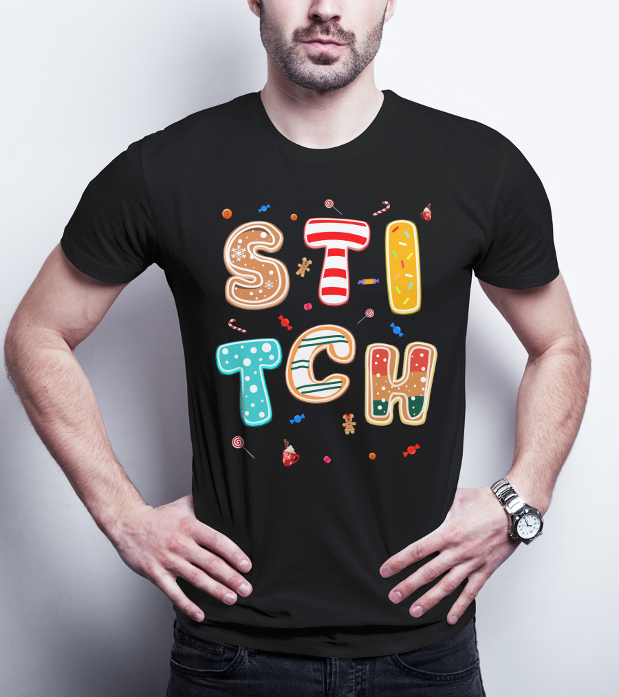 Stitch Gingerbread Candy Cane Christmas Letters T-Shirt