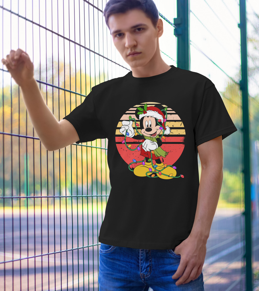 Mickey Christmas Lights Santa Hat Retro Holiday T-Shirt