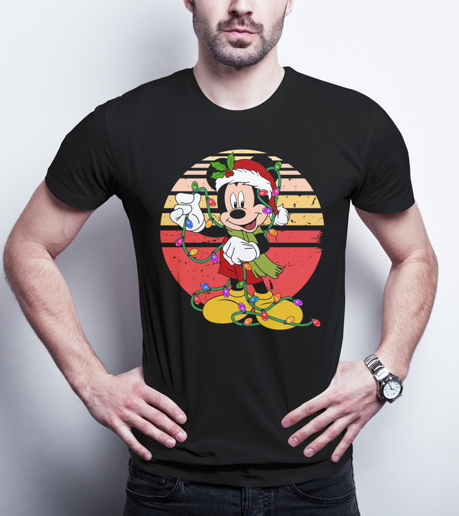 Mickey Christmas Lights Santa Hat Retro Holiday T-Shirt