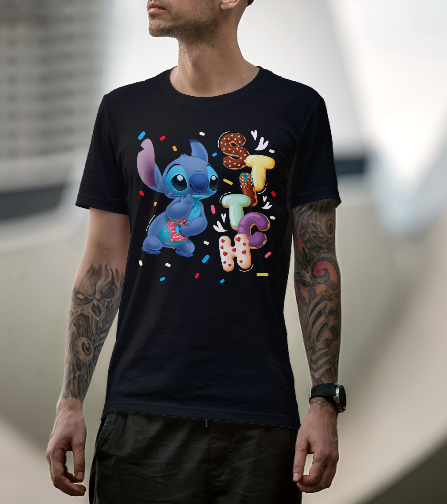 Stitch Donut Letter Sprinkles And Cute Blue Alien Character T-Shirt