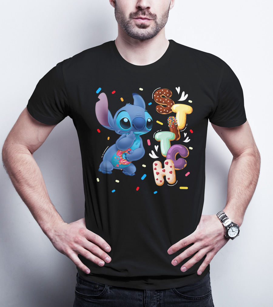 Stitch Donut Letter Sprinkles And Cute Blue Alien Character T-Shirt