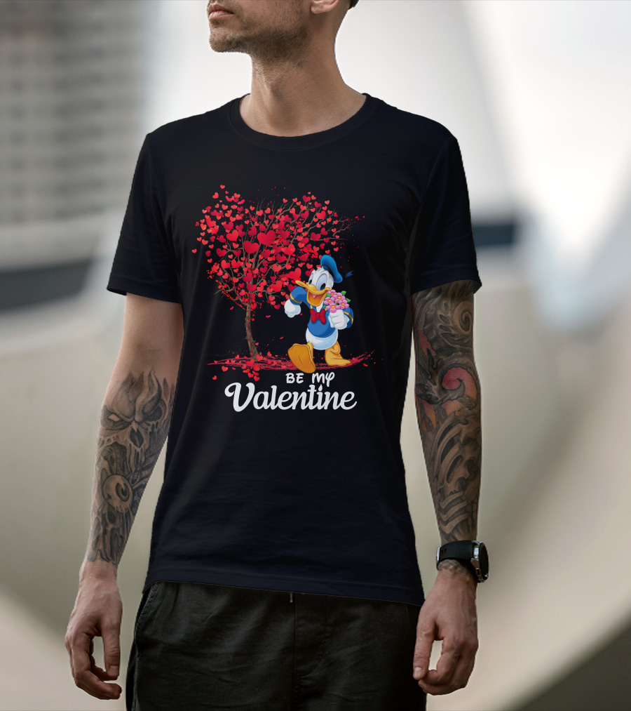 Be My Valentine Donald Duck Holding Flowers And Heart Tree T-Shirt
