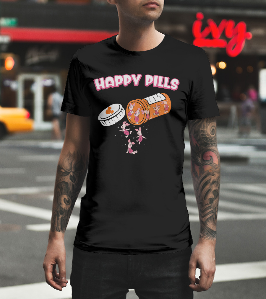 HAPPY PILLS Piglet Characters In Prescription Bottle T-Shirt