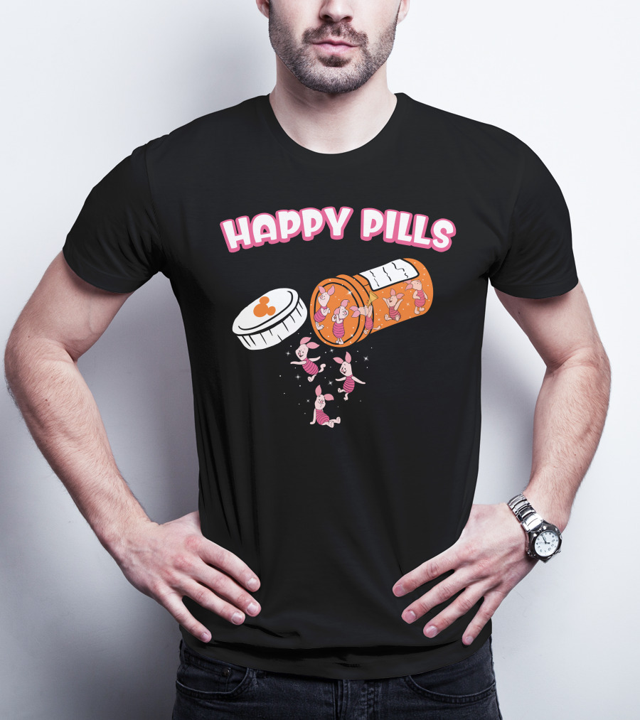 HAPPY PILLS Piglet Characters In Prescription Bottle T-Shirt