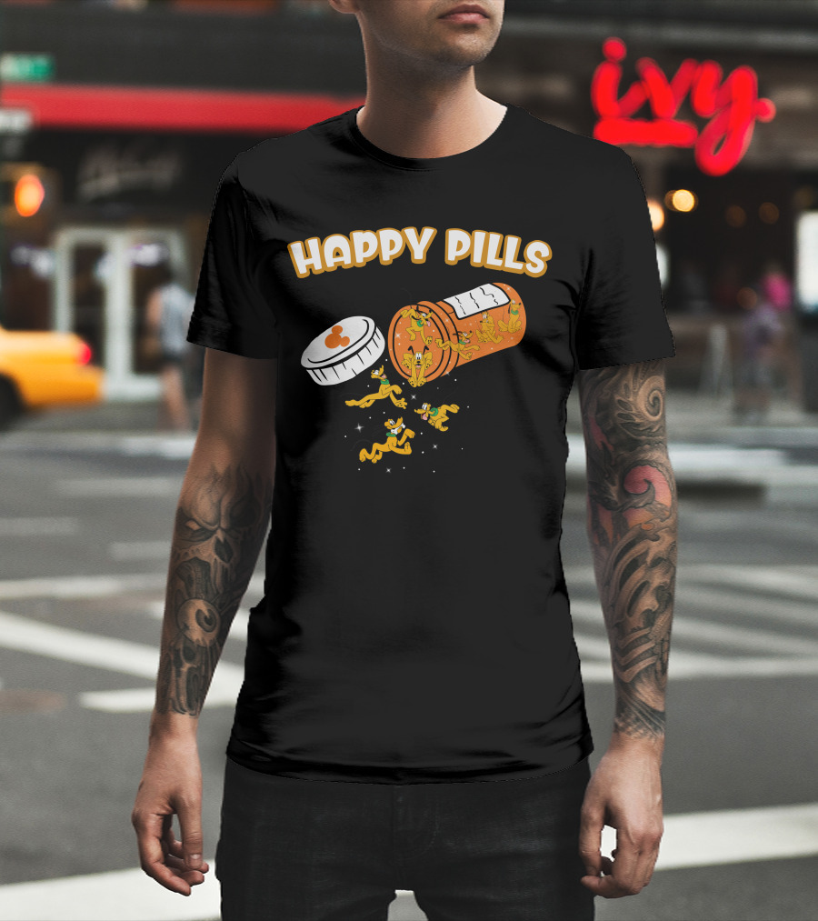HAPPY PILLS Pluto Characters In Orange Pill Bottle T-Shirt
