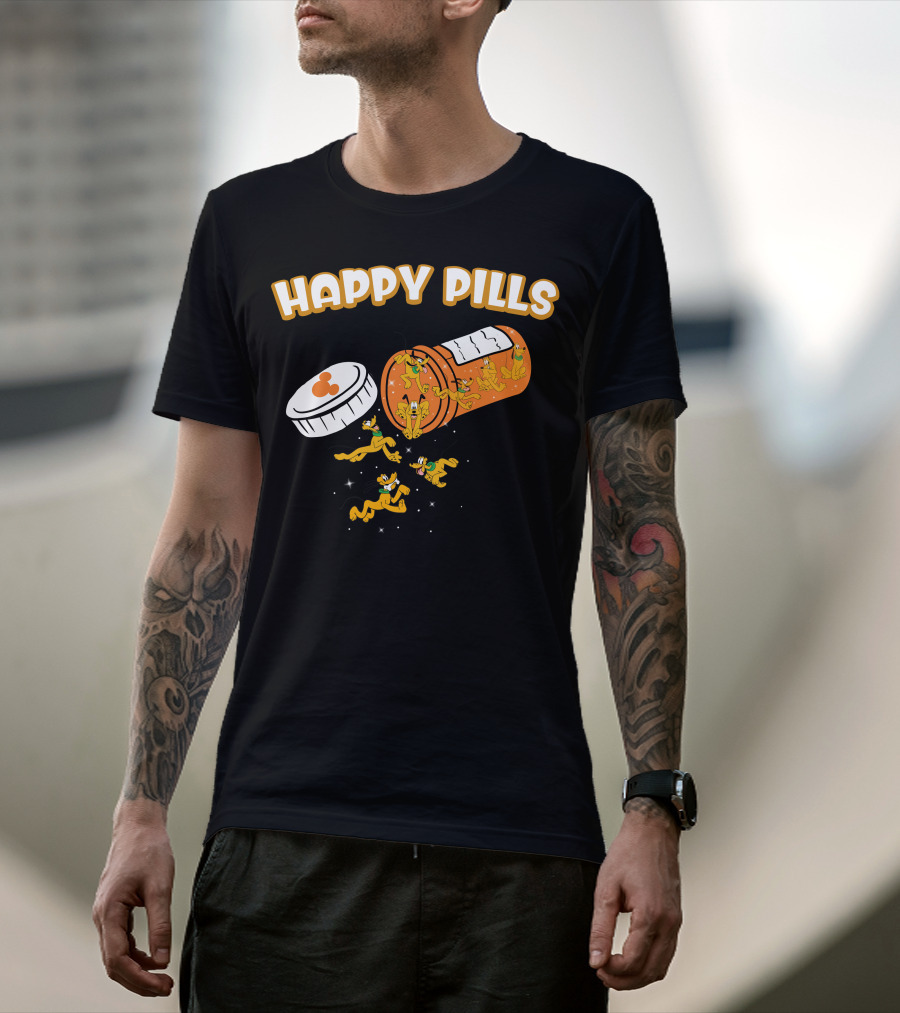 HAPPY PILLS Pluto Characters In Orange Pill Bottle T-Shirt