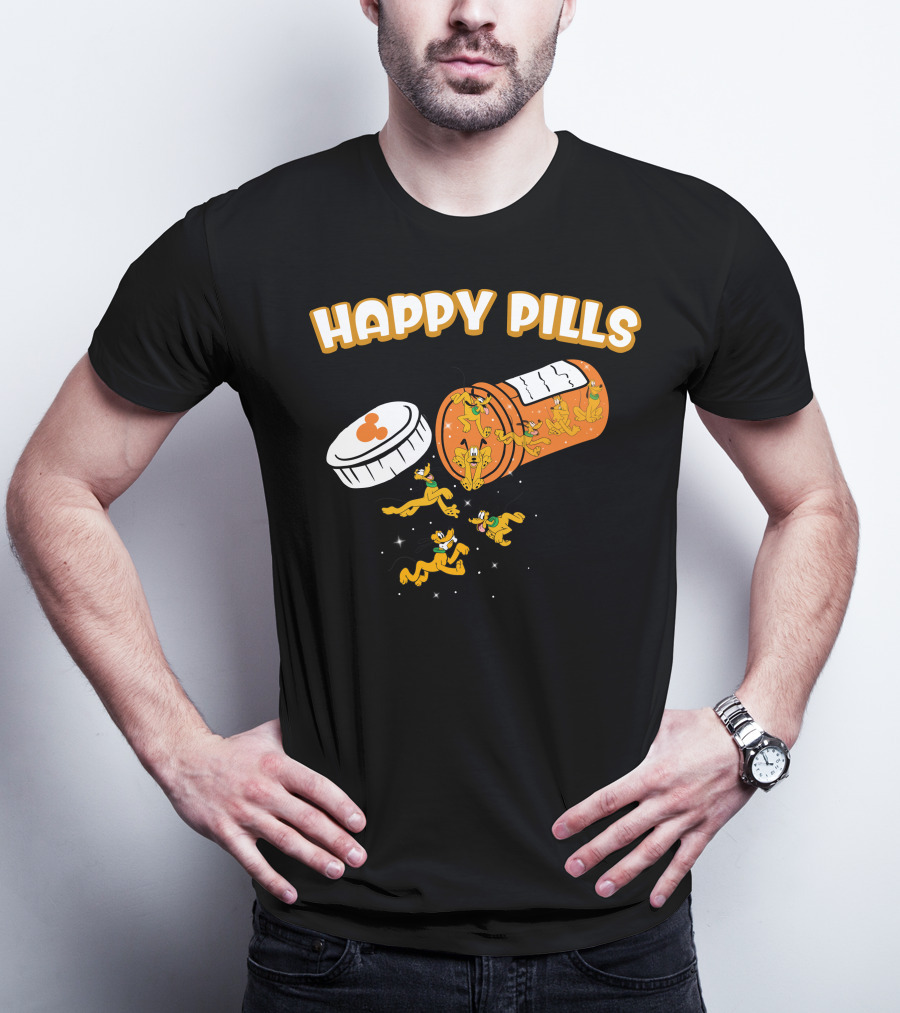 HAPPY PILLS Pluto Characters In Orange Pill Bottle T-Shirt