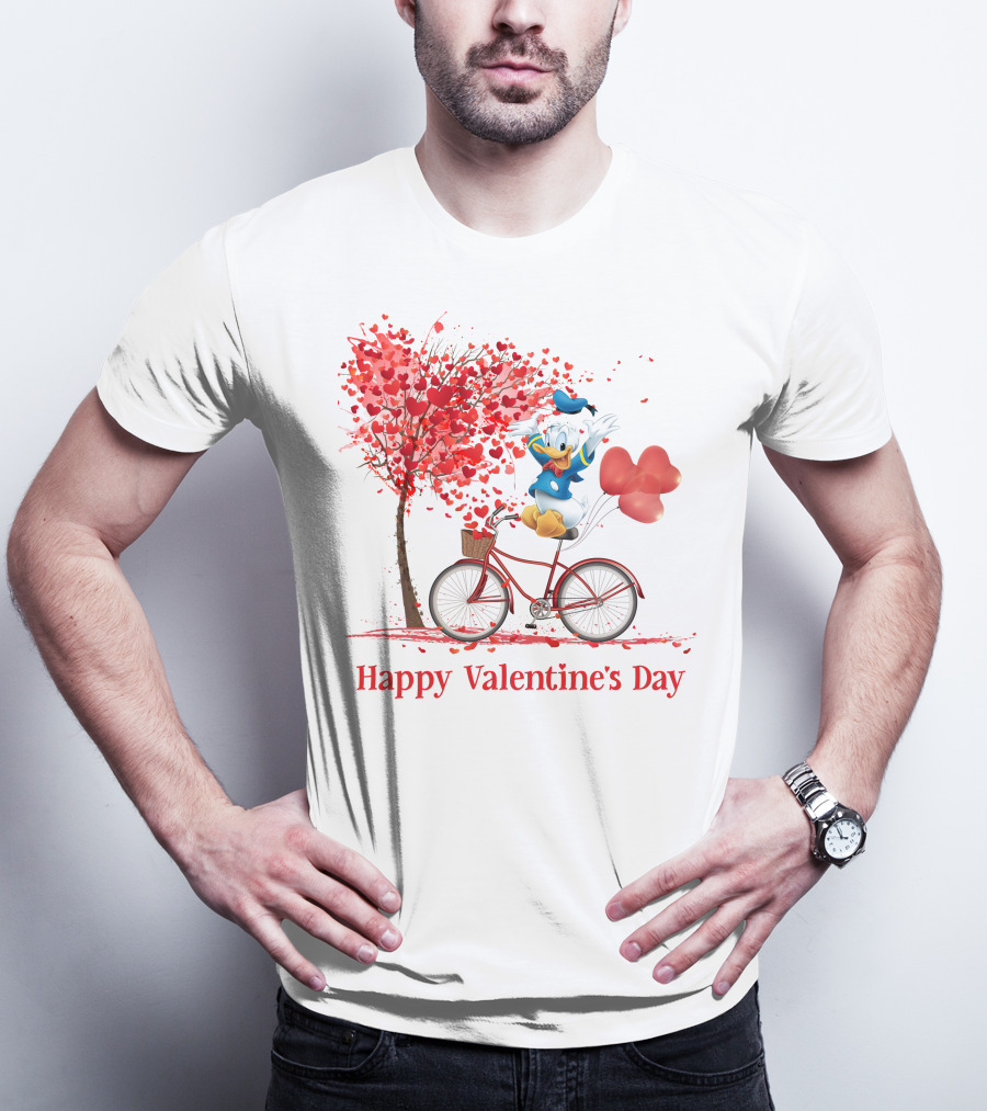 DN Valentine Happy Valentine's Day Donald Duck Bicycle Balloon Tree T-Shirt