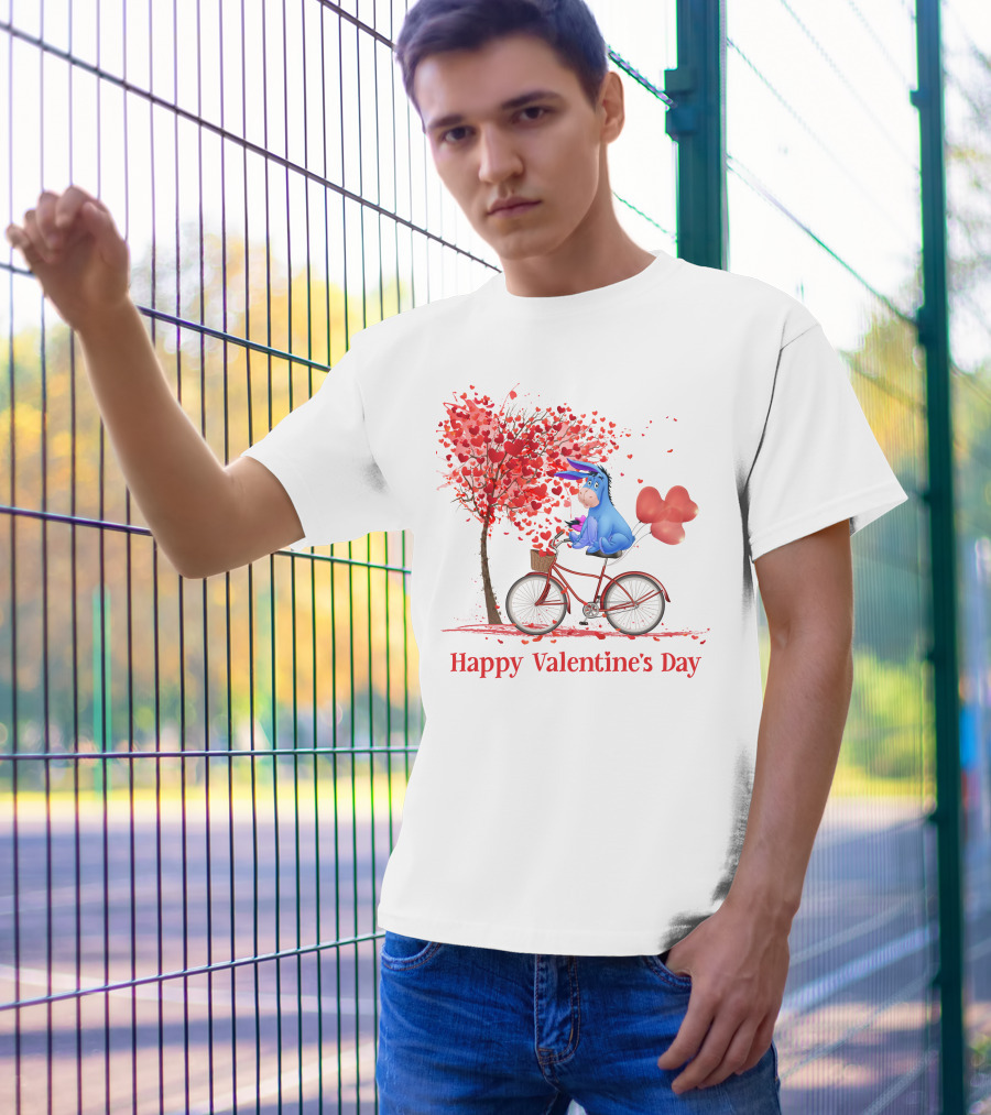Happy Valentine's Day Eeyore On Bicycle With Heart Balloons And Tree Of Hearts T-Shirt