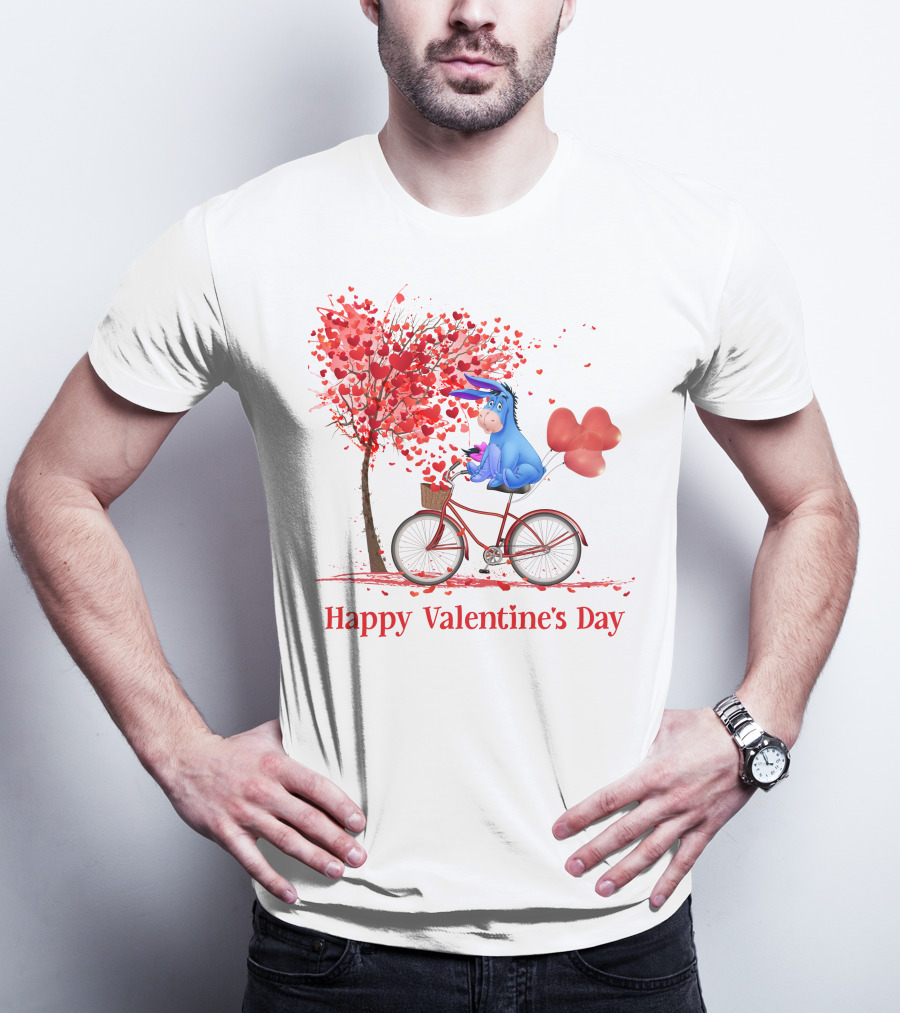 Happy Valentine's Day Eeyore On Bicycle With Heart Balloons And Tree Of Hearts T-Shirt