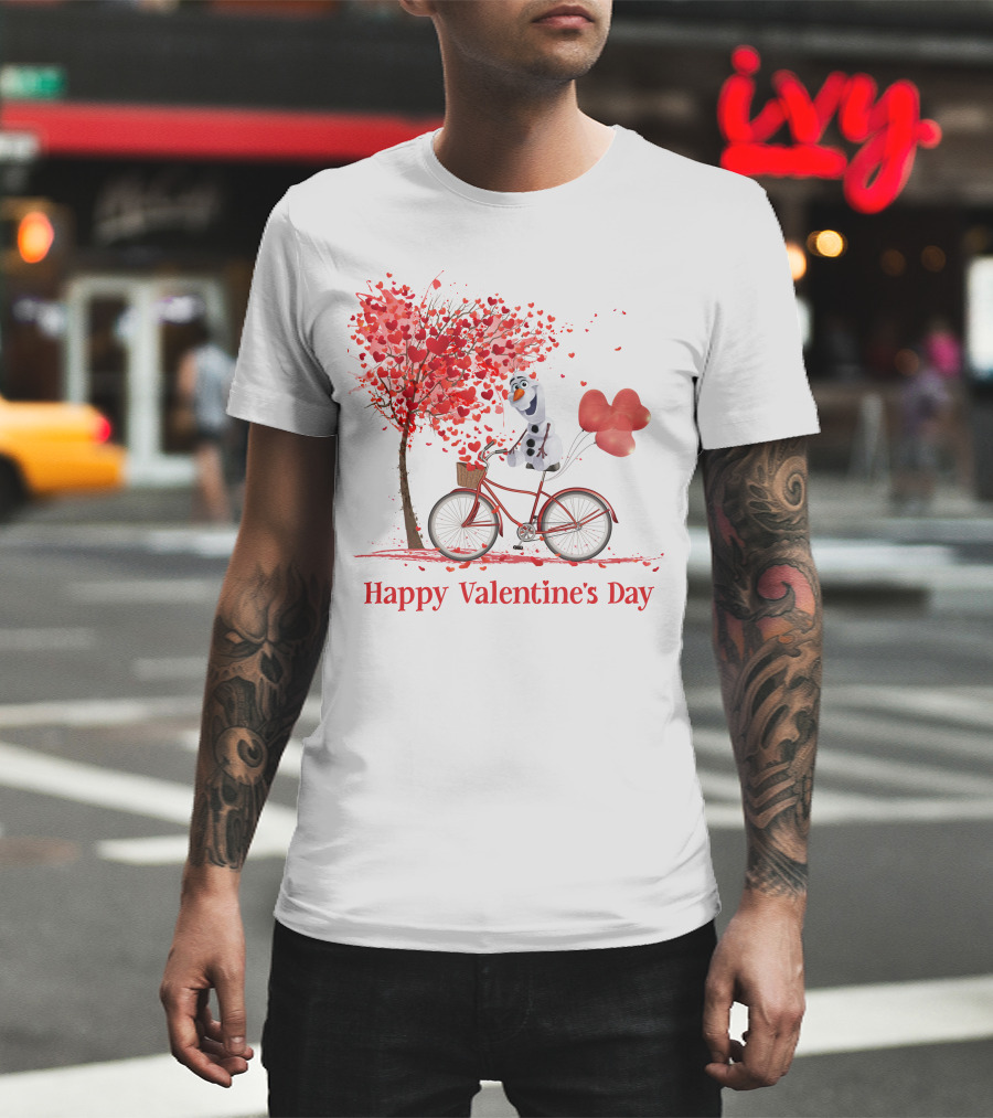 OL Valentine Happy Valentine's Day Olaf Bicycle Hearts Tree T-Shirt