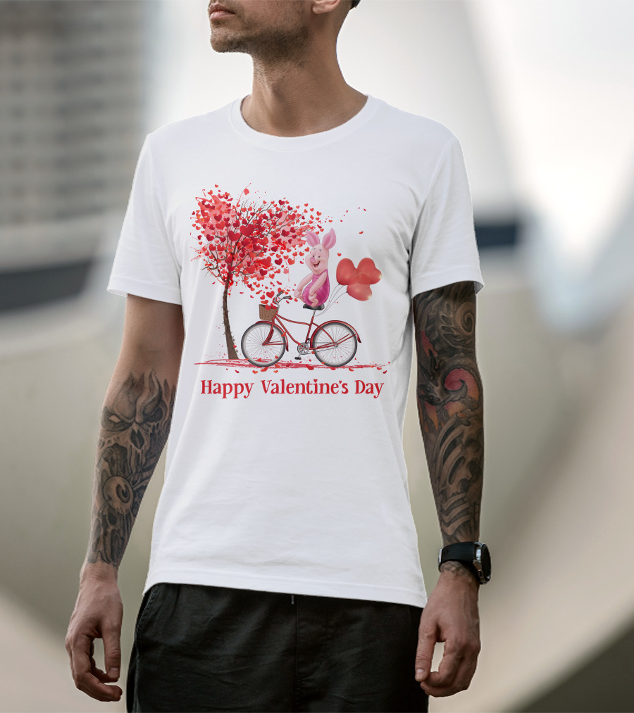 Happy Valentine's Day Piglet With Heart Balloons On Bicycle T-Shirt