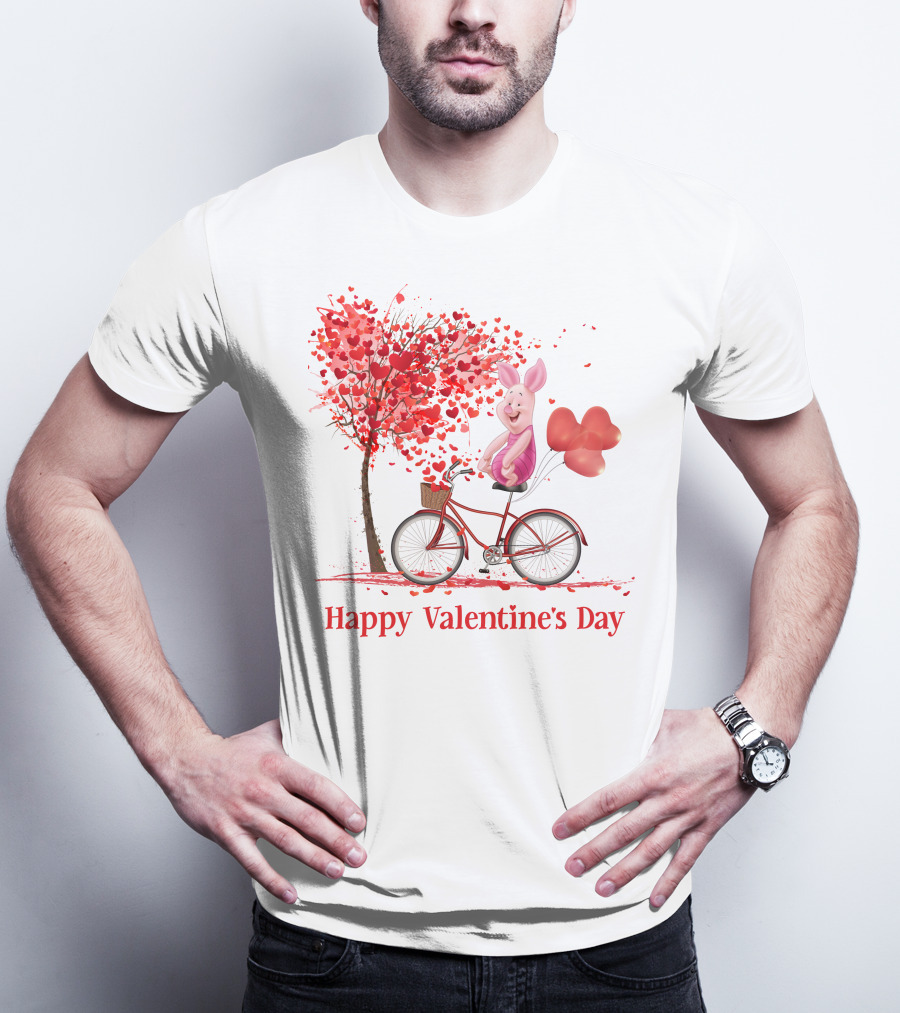Happy Valentine's Day Piglet With Heart Balloons On Bicycle T-Shirt