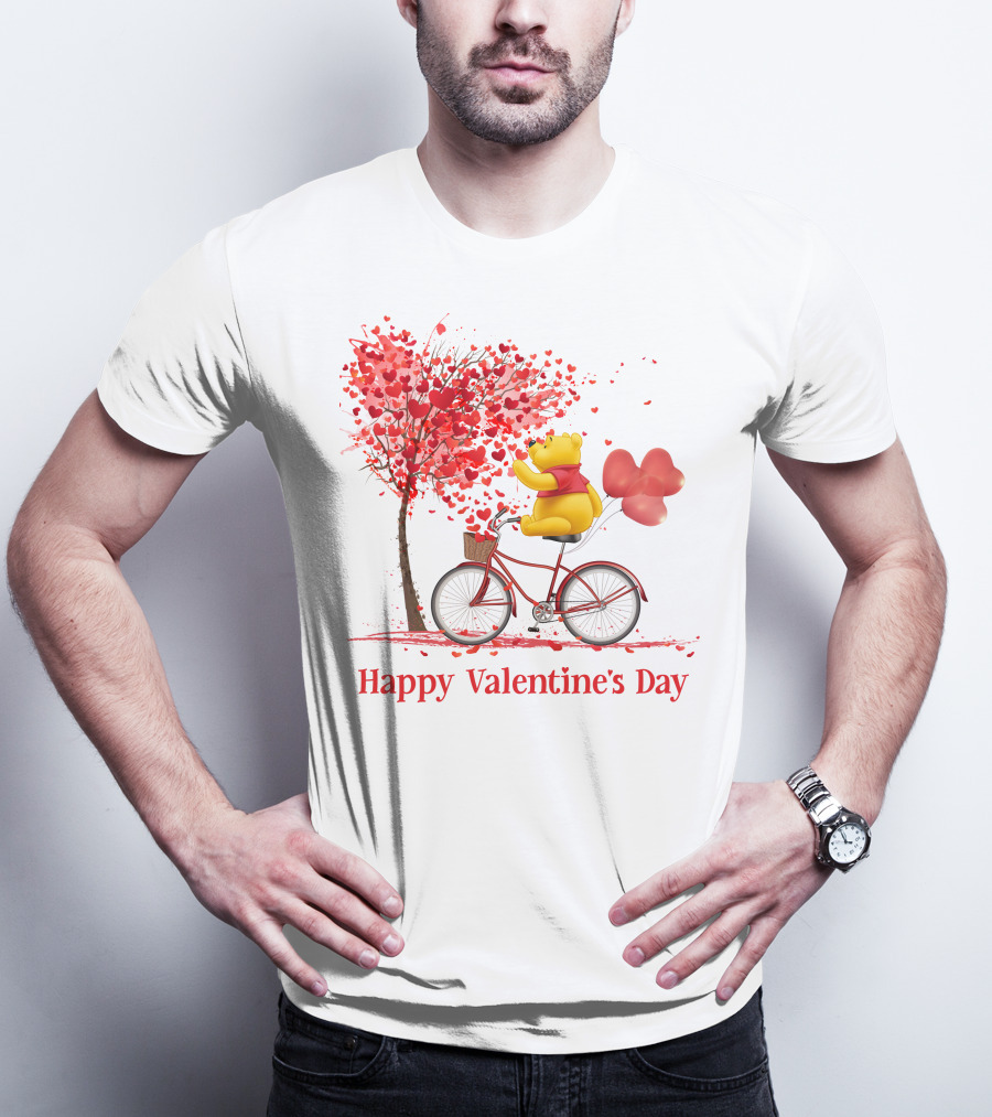Happy Valentine's Day Bicycle Bear With Love Balloons And Heart Tree T-Shirt