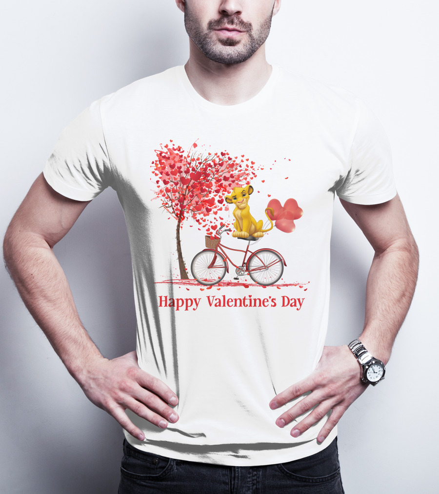 Happy Valentine's Day Cute Cartoon Character On Red Bicycle With Heart Balloons And Tree T-Shirt