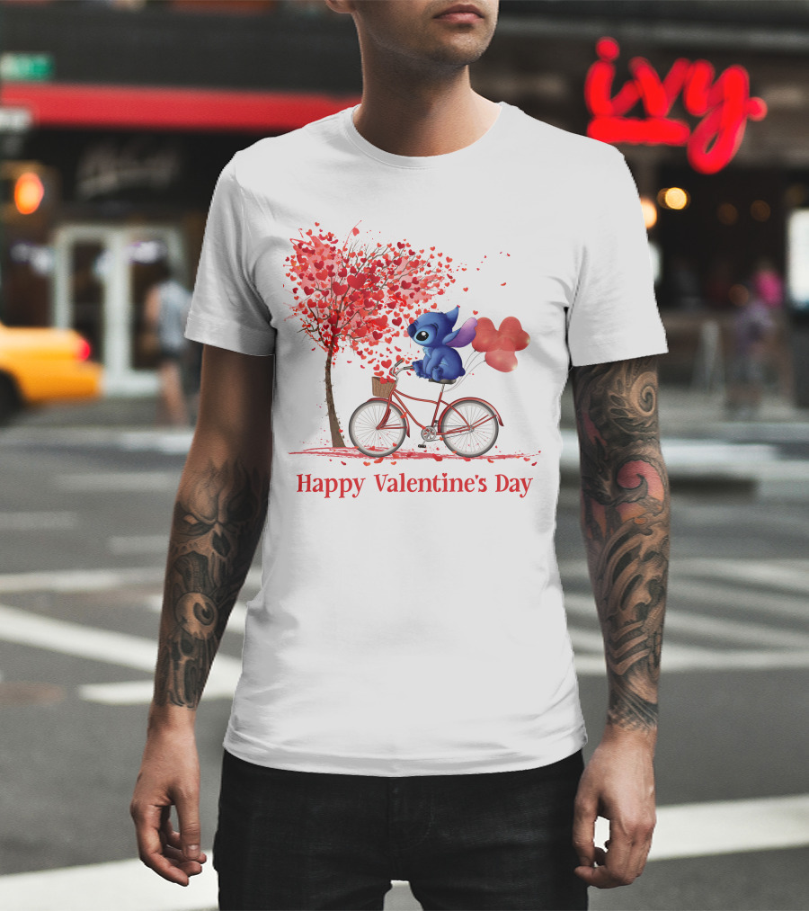 Happy Valentine's Day Stitch Bicycle Heart Balloons T-Shirt