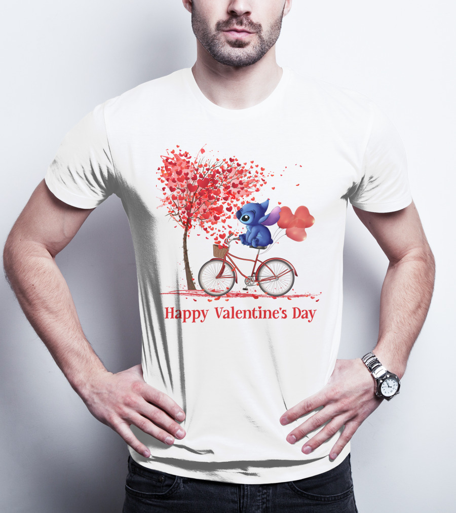 Happy Valentine's Day Stitch Bicycle Heart Balloons T-Shirt