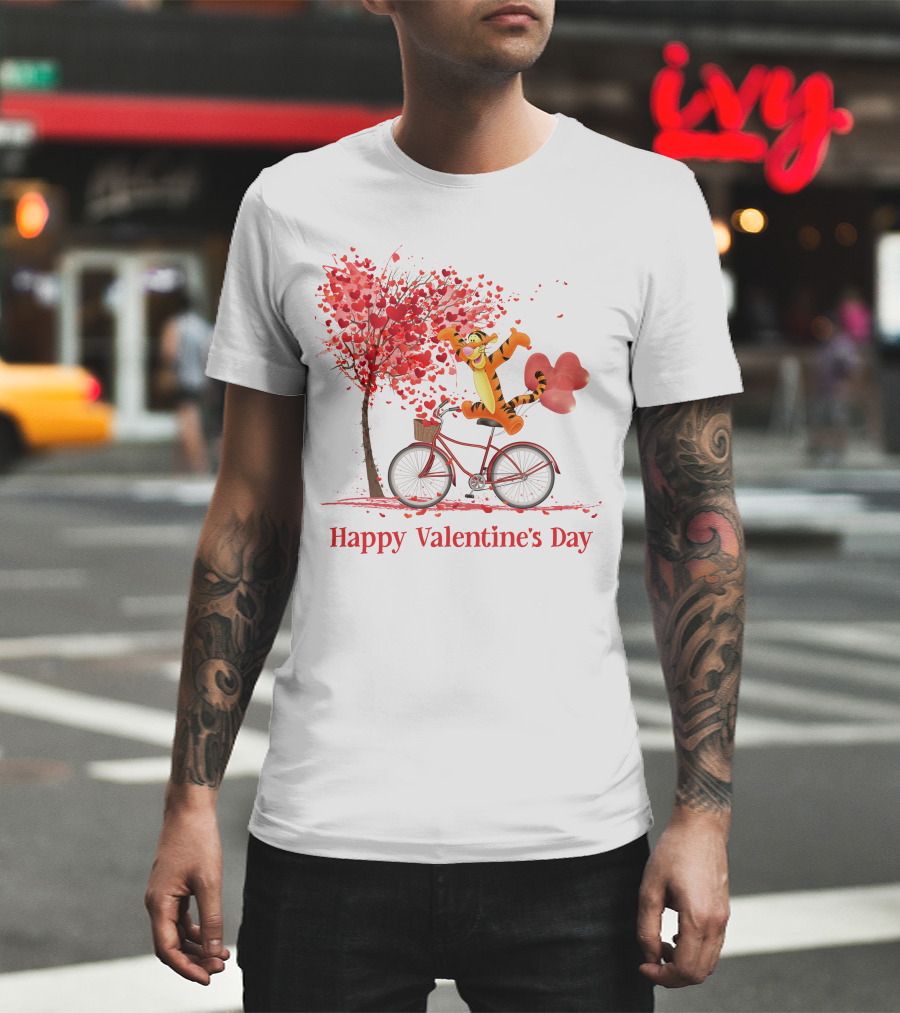 Happy Valentine's Day Tigger Riding Bicycle With Heart Balloon And Heart Tree T-Shirt