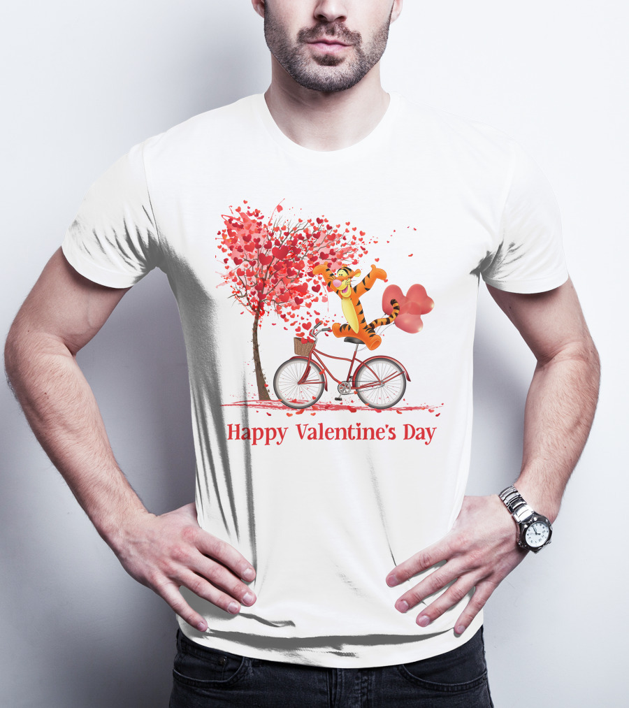 Happy Valentine's Day Tigger Riding Bicycle With Heart Balloon And Heart Tree T-Shirt