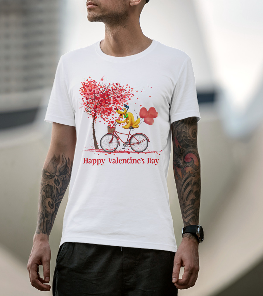 Disney Pluto Happy Valentine's Day Bicycle And Heart Tree T-Shirt