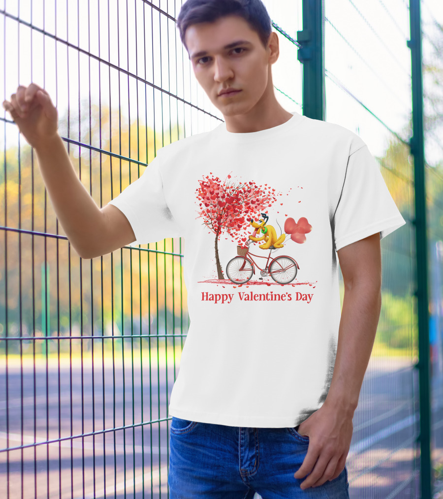 Disney Pluto Happy Valentine's Day Bicycle And Heart Tree T-Shirt
