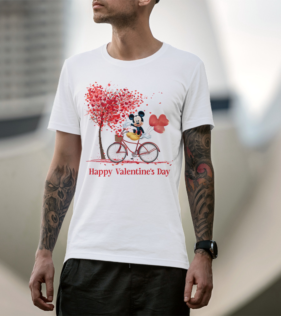 Happy Valentine's Day Mickey Mouse Hearts Bicycle Red Tree T-Shirt