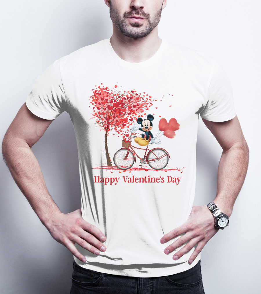 Happy Valentine's Day Mickey Mouse Hearts Bicycle Red Tree T-Shirt