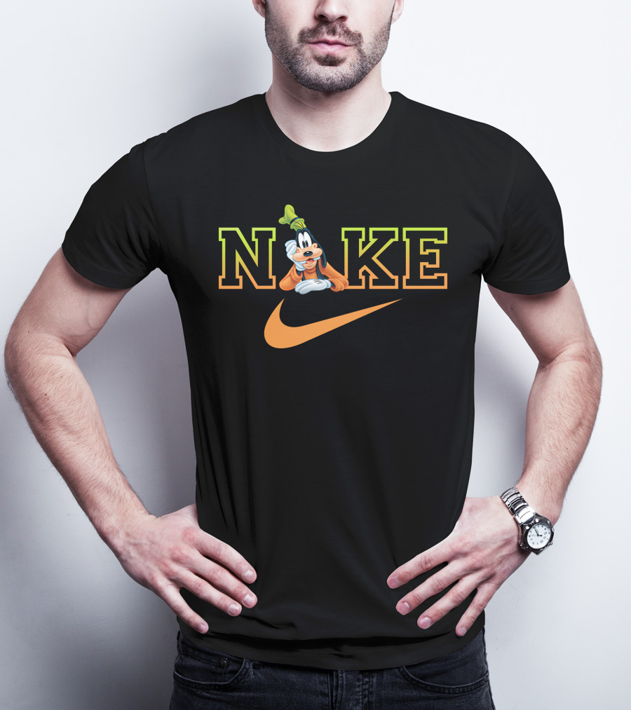 Goofy Nike With Orange Swoosh Logo And Green Hat T-Shirt