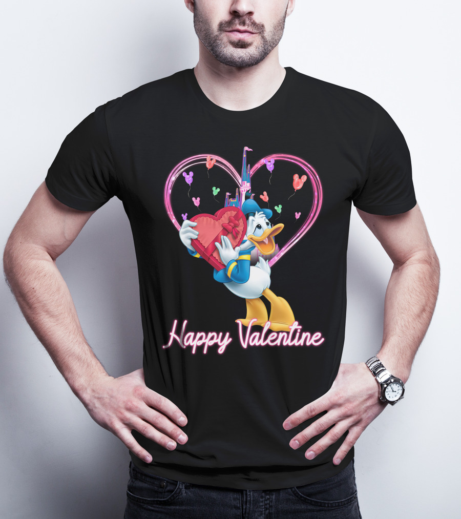 Donald Duck Happy Valentine Heart Balloons And Castle T-Shirt