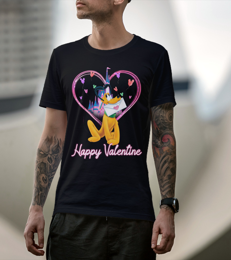 Happy Valentine Pluto Letter Heart Balloons Castle T-Shirt