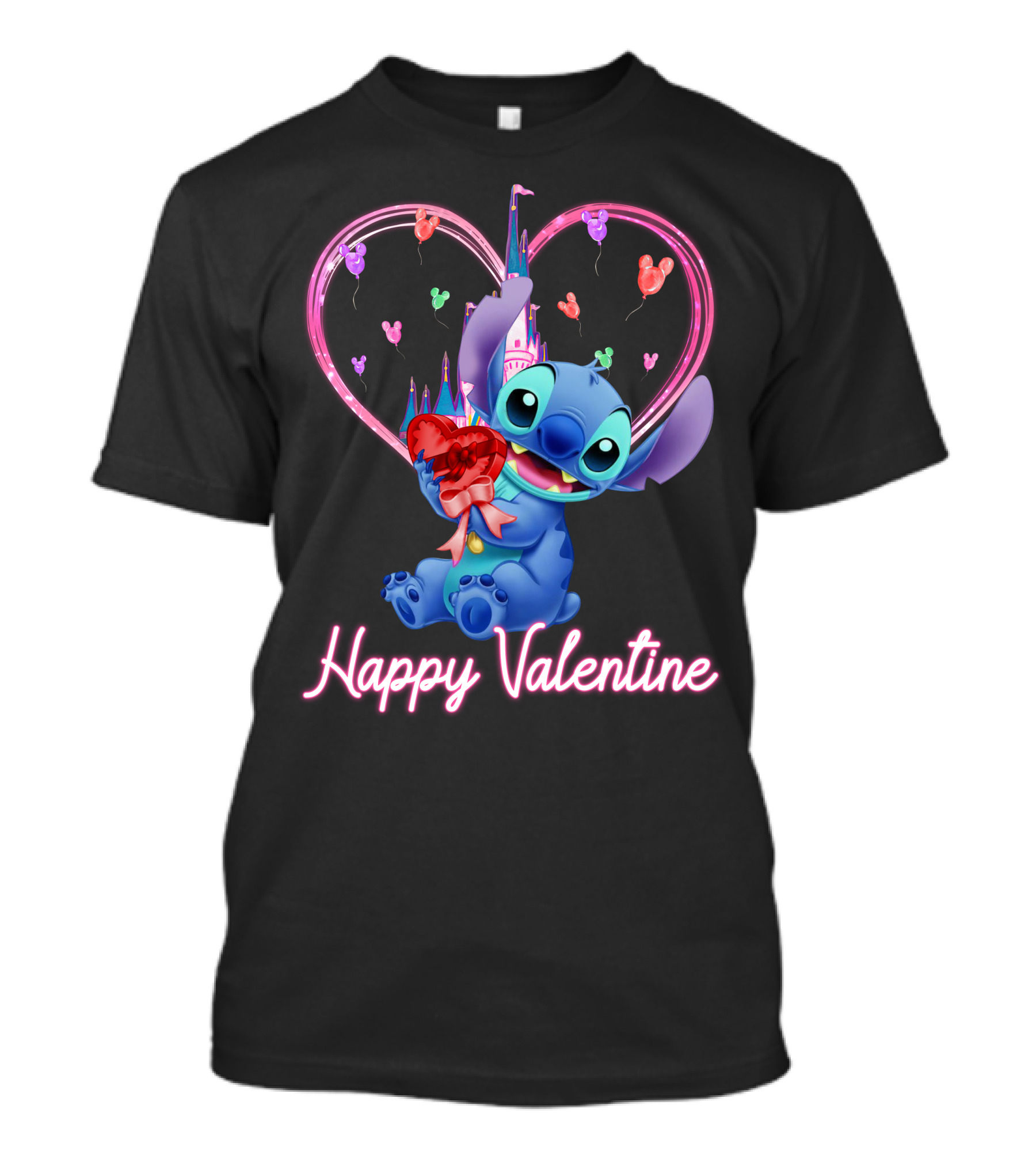 Happy Valentine Stitch Holding Heart With Castle And Balloons T-Shirt