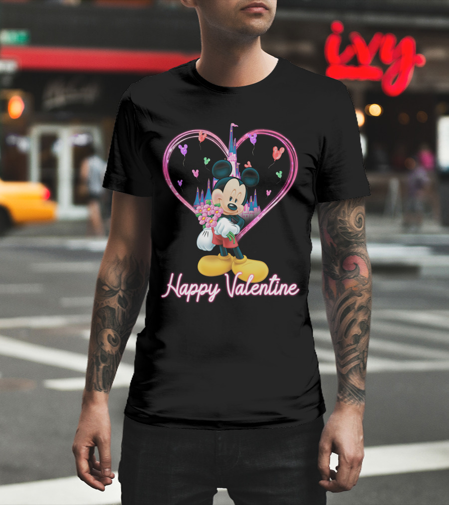Happy Valentine Mickey Mouse Bouquet And Castle Balloons T-Shirt