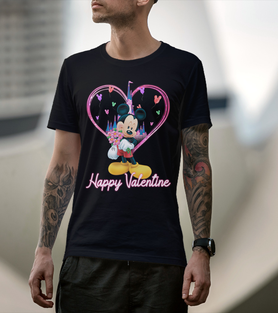 Happy Valentine Mickey Mouse Bouquet And Castle Balloons T-Shirt