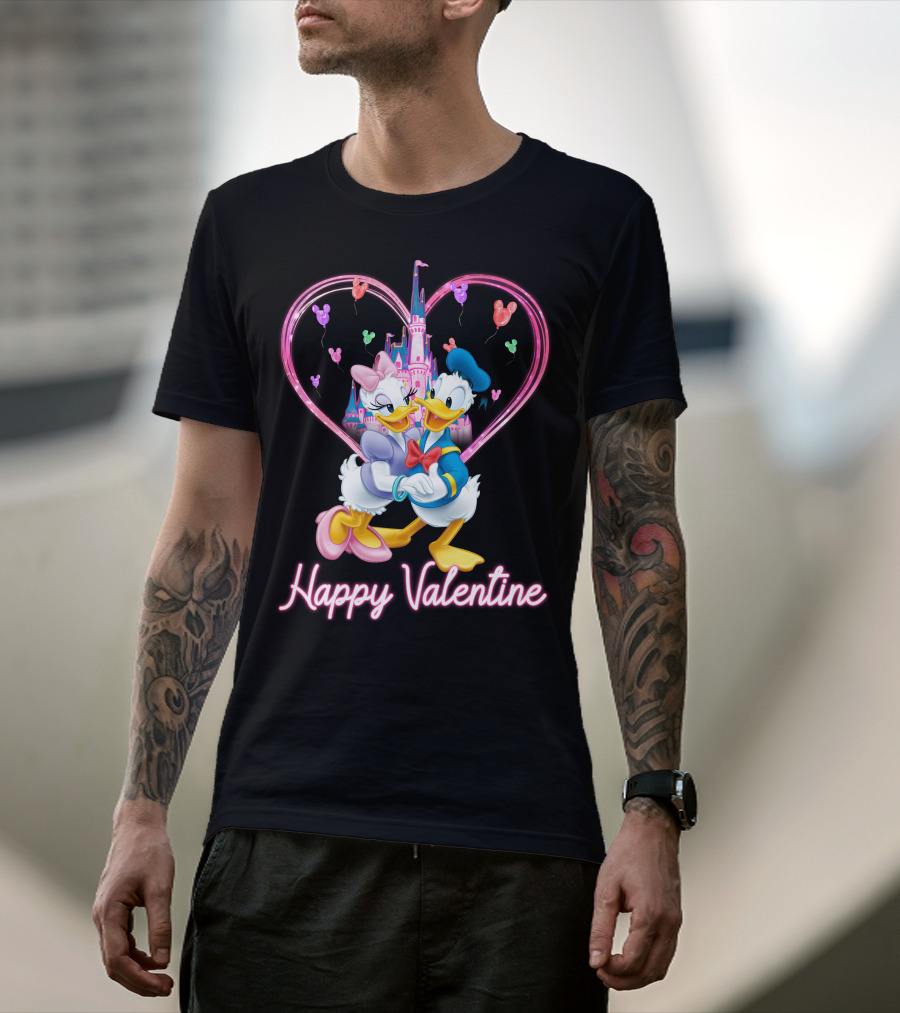 Happy Valentine Donald And Daisy In Front Of Heart Castle T-Shirt