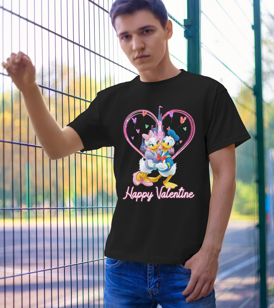 Happy Valentine Donald And Daisy In Front Of Heart Castle T-Shirt