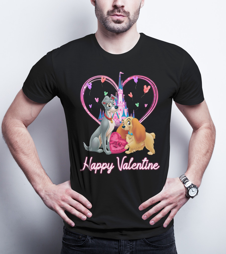 Happy Valentine Lady & The Tramp Heart Castle Balloons T-Shirt